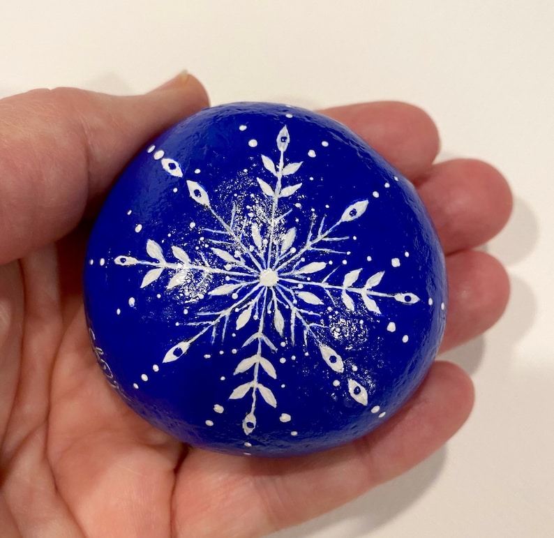 Hand Painted Blue Snowflake Holiday Winter Stone - Etsy