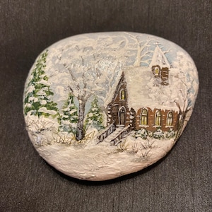 Winter Scene Church Snowy Trees Hand Painted Stone - Etsy