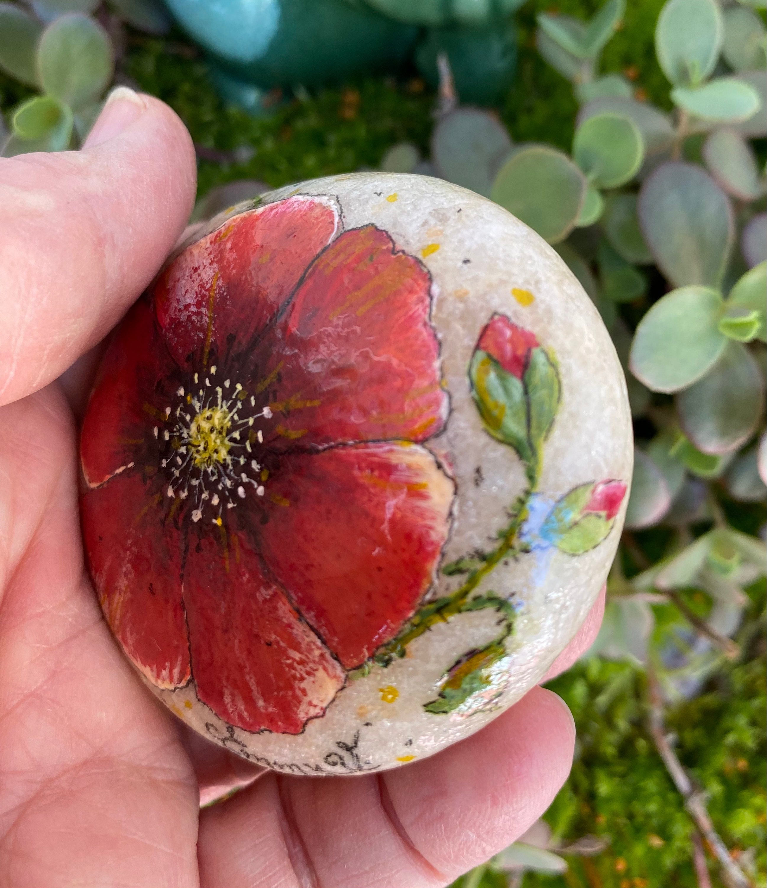Hand Painted Poppy Flower Stone - Etsy