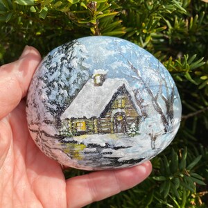 Hand Painted Winter Snowy Scene Log Cabin Stone - Etsy