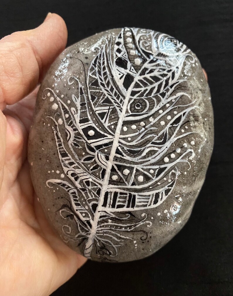 Hand Painted Bohemian Feather Stone - Etsy