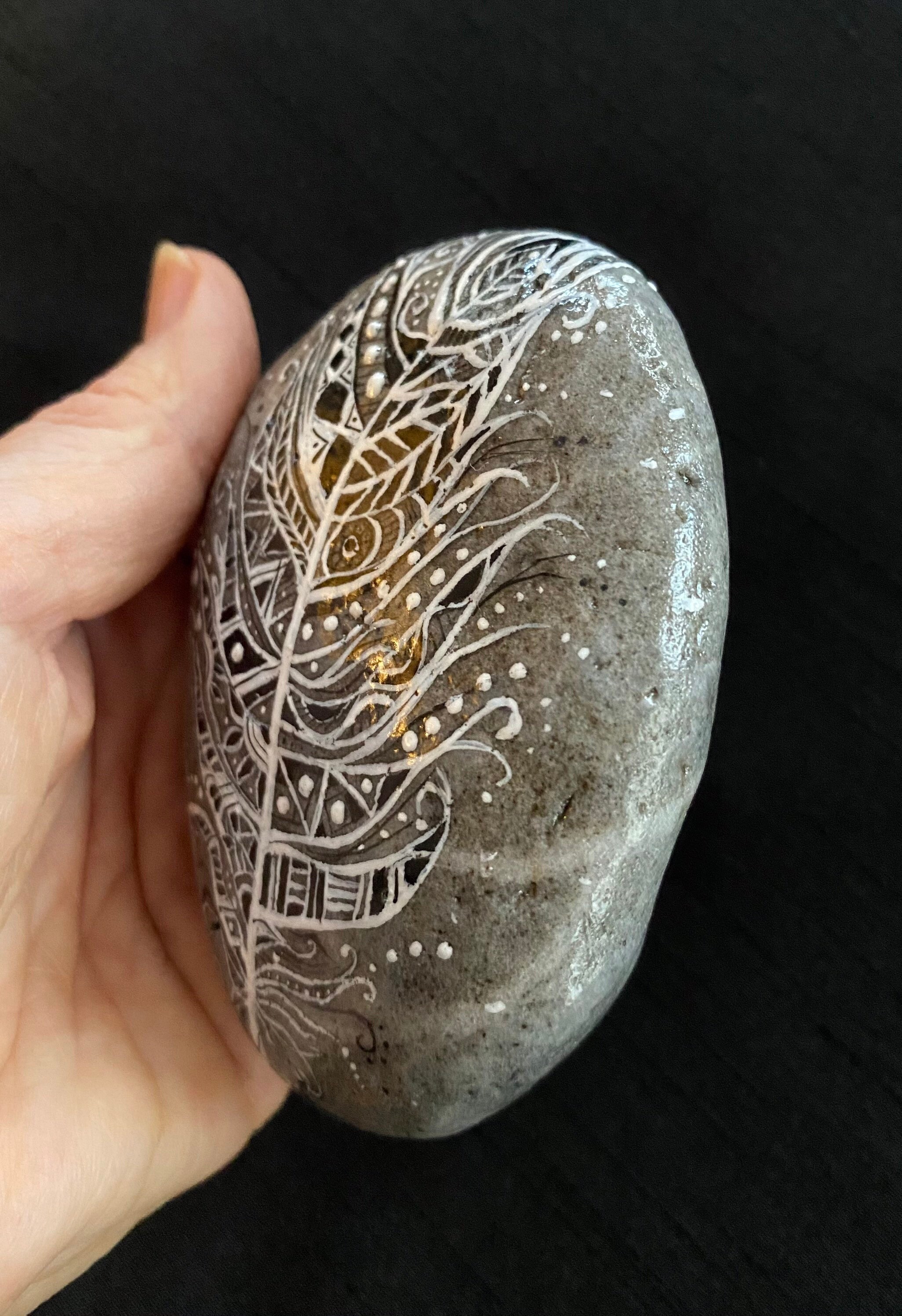 Hand Painted Bohemian Feather Stone - Etsy