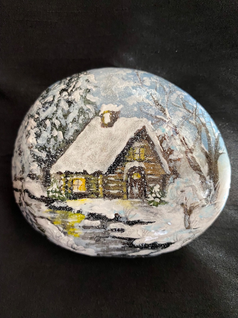 Hand Painted Winter Snowy Scene Log Cabin Stone - Etsy