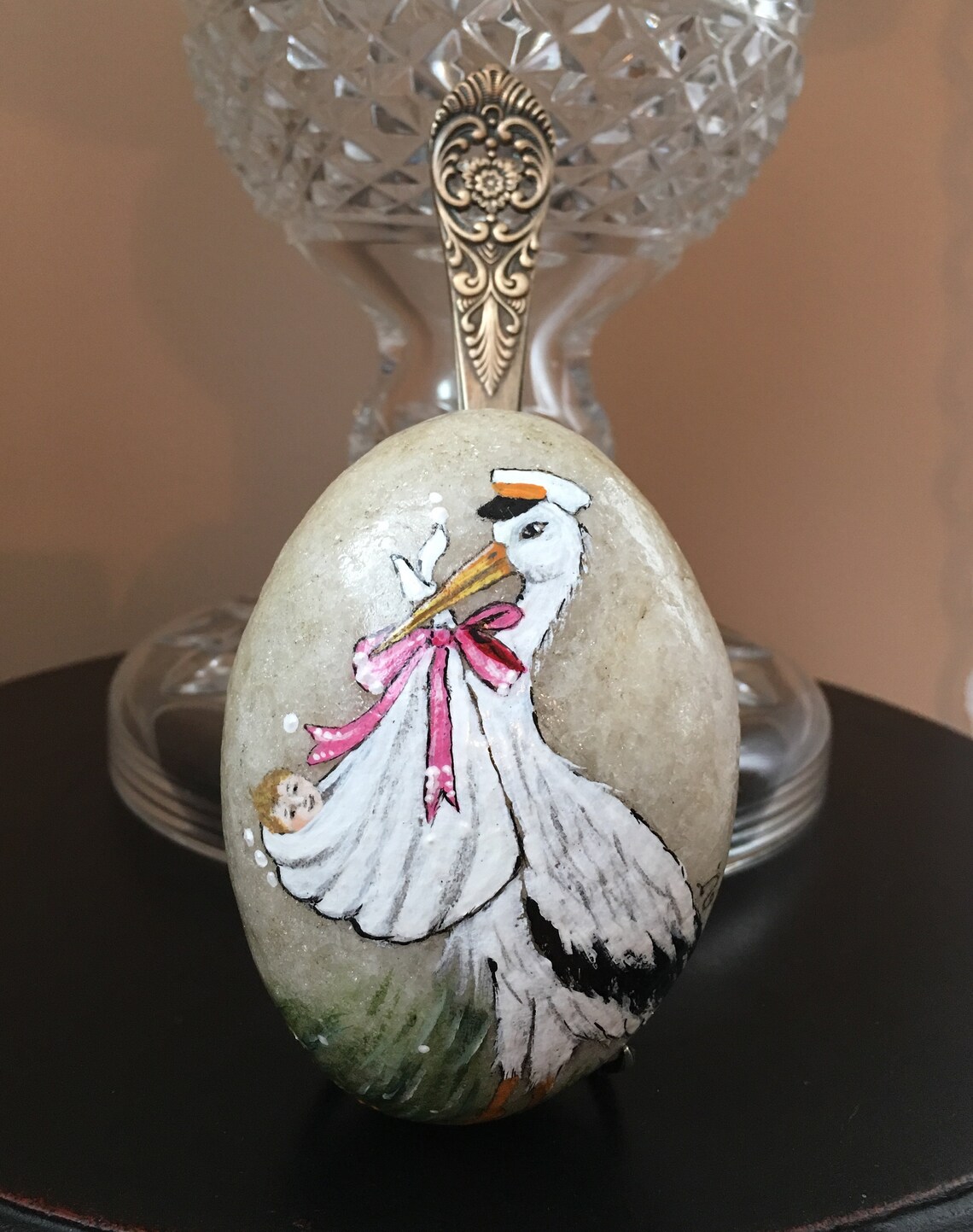 Hand Painted Newborn Baby Stork Stone - Etsy