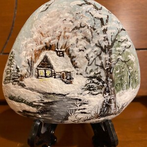 Winter Scene Log Cabin Hand Painted Stone - Etsy