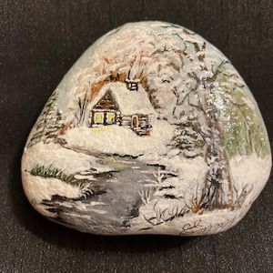 Winter Scene Log Cabin Hand Painted Stone - Etsy