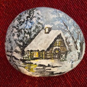 Hand Painted Winter Snowy Scene Log Cabin Stone - Etsy