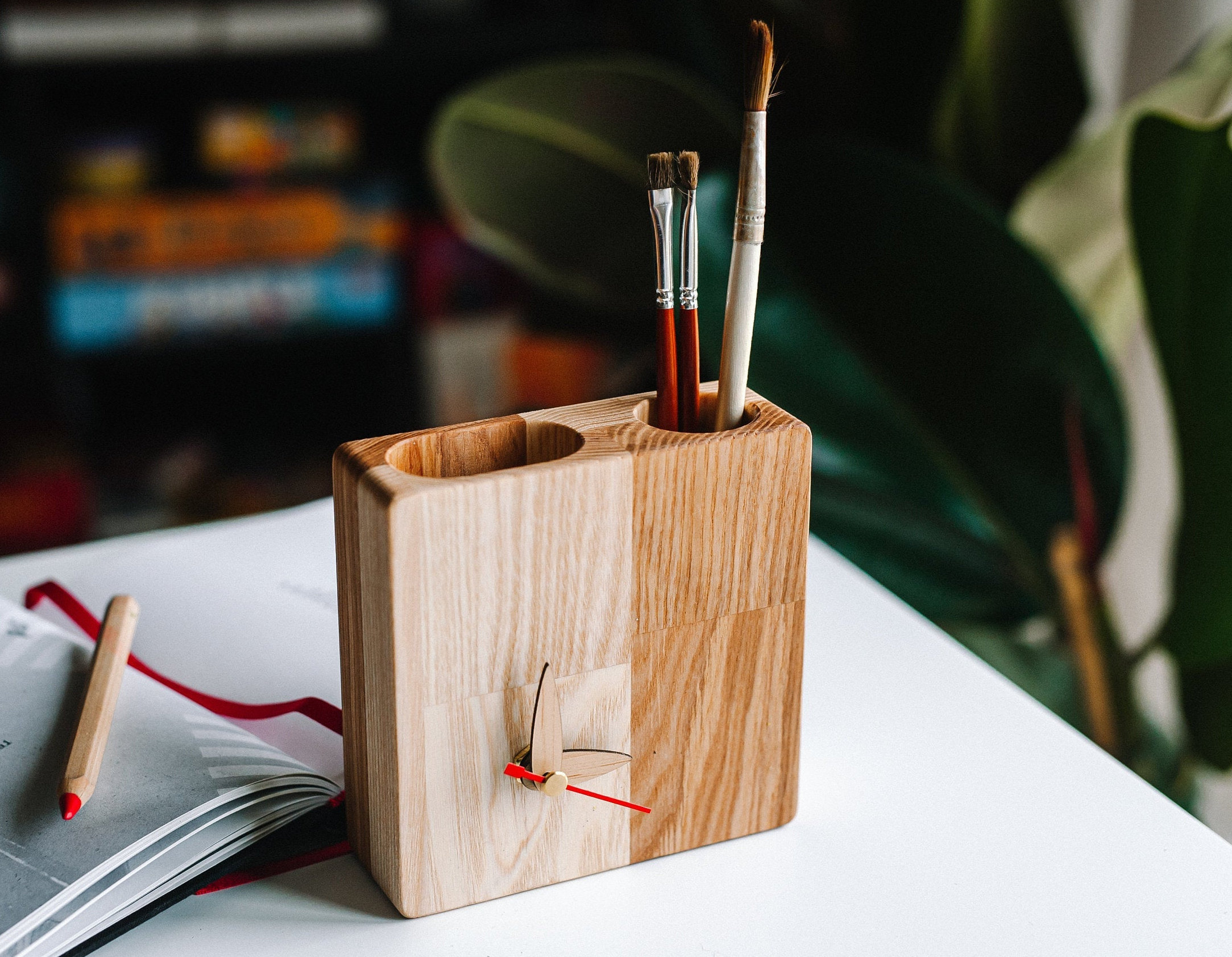 Wooden desk clock with pencil cup Personalized table clock | Etsy