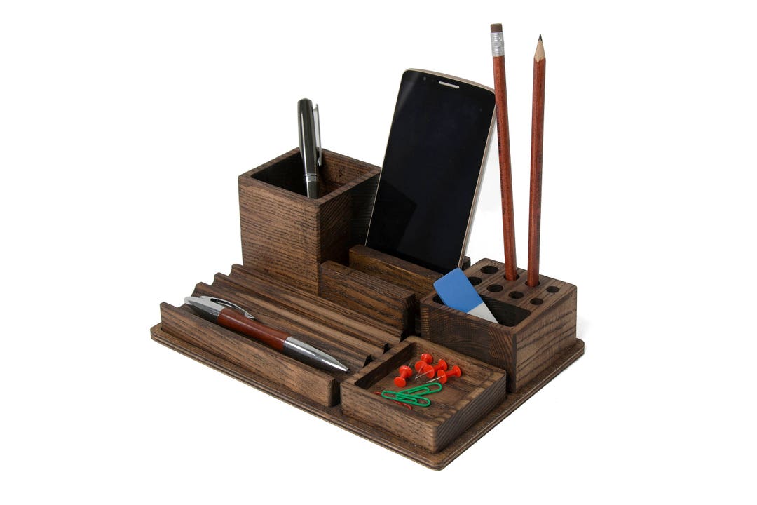 Personalized Desk Organizer for Men, Pen Holder, Wood Desk Storage ...