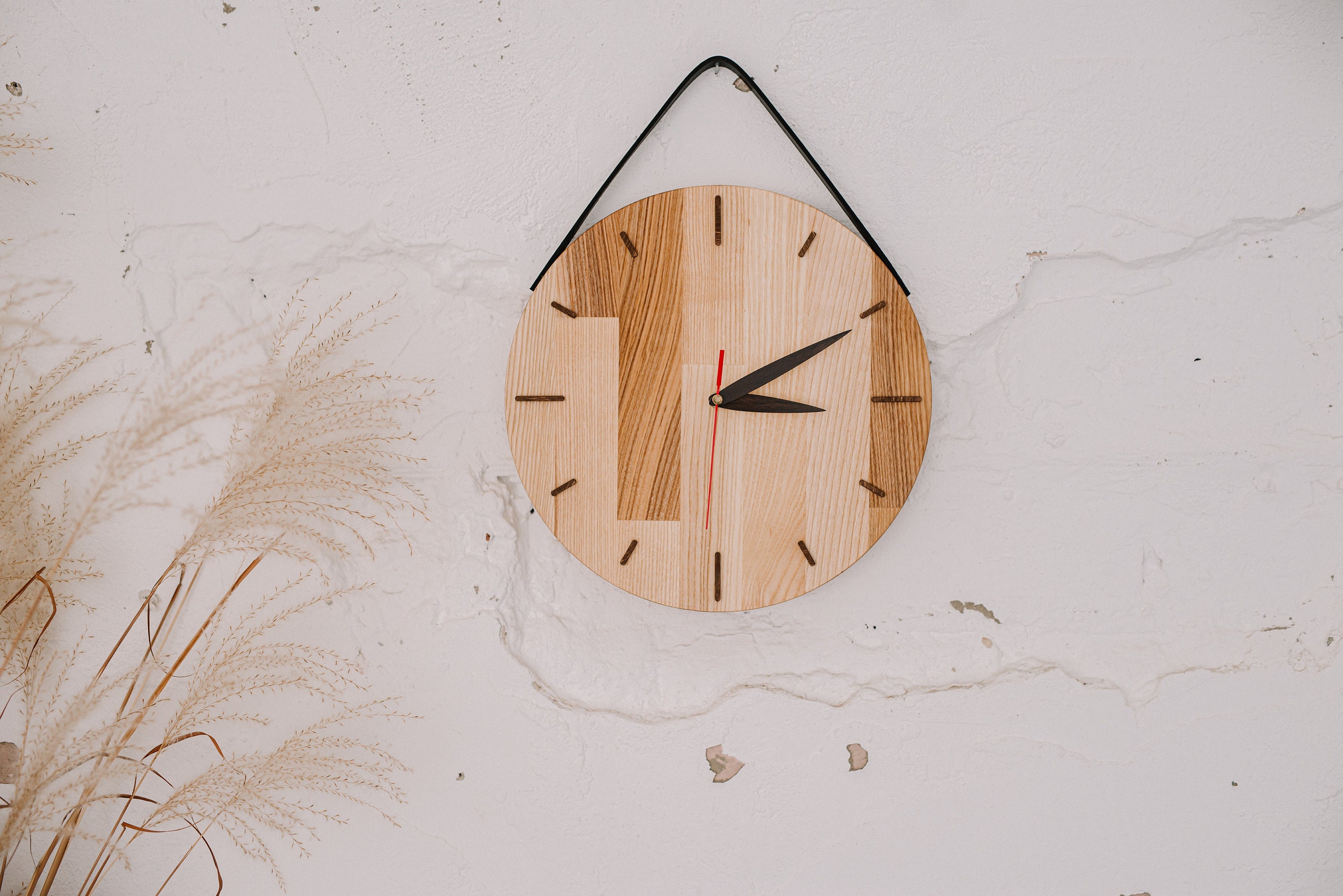 Rustic Wood Wall Clock With Leather Handle Wooden Wall Clock | Etsy
