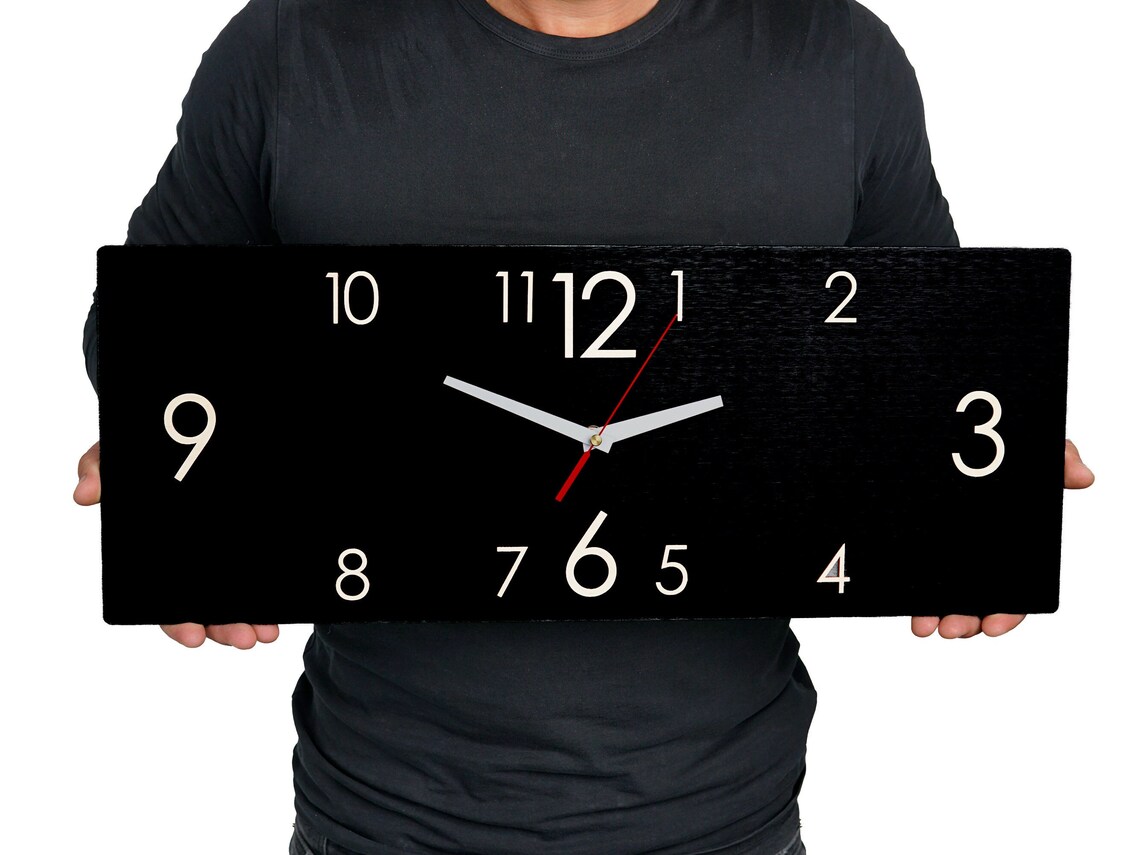 Modern Mid Century Rectangle Wooden Wall Clock - Large Horizontal ...