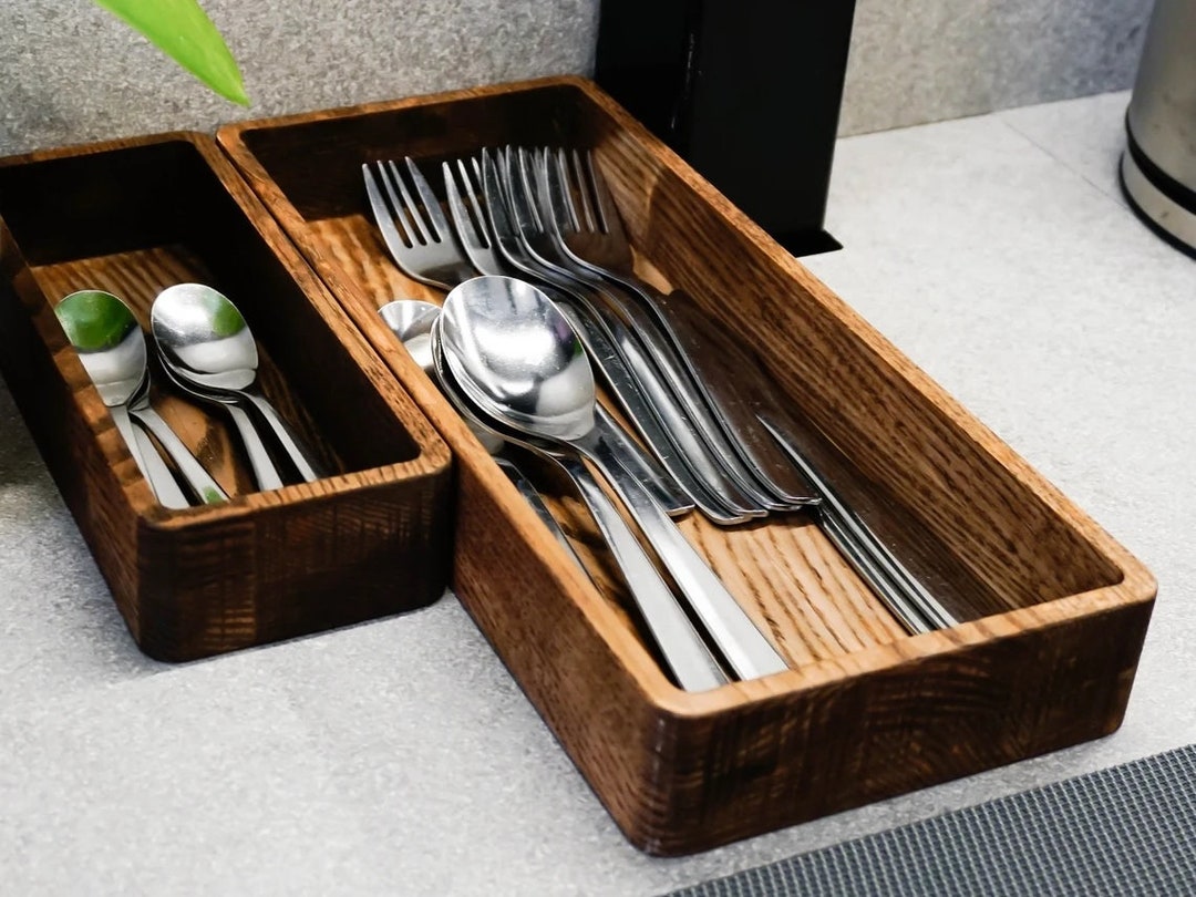 Wooden Cutlery Holder, Fork and Knife Storage, Wood Kitchen Utensil Box ...