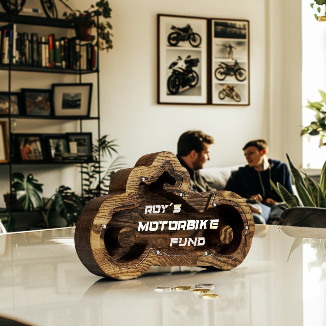 Personalized Dirt Bike Piggy Bank for Men, Wooden Adventure Fund for ...