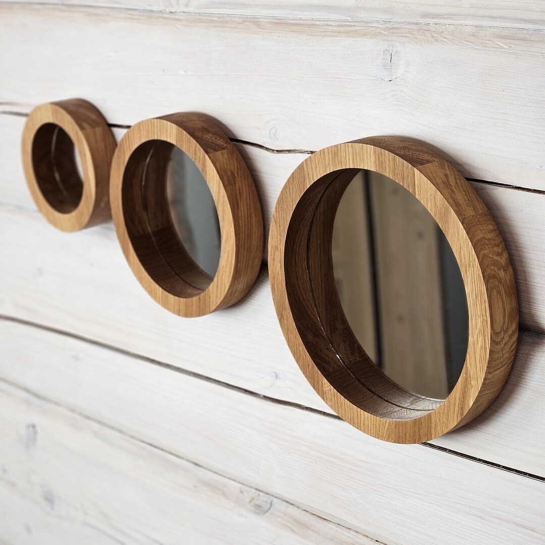 Modern Round Mirror Set, Natural Solid Oak Wood Mirror, Wall Mirror for ...