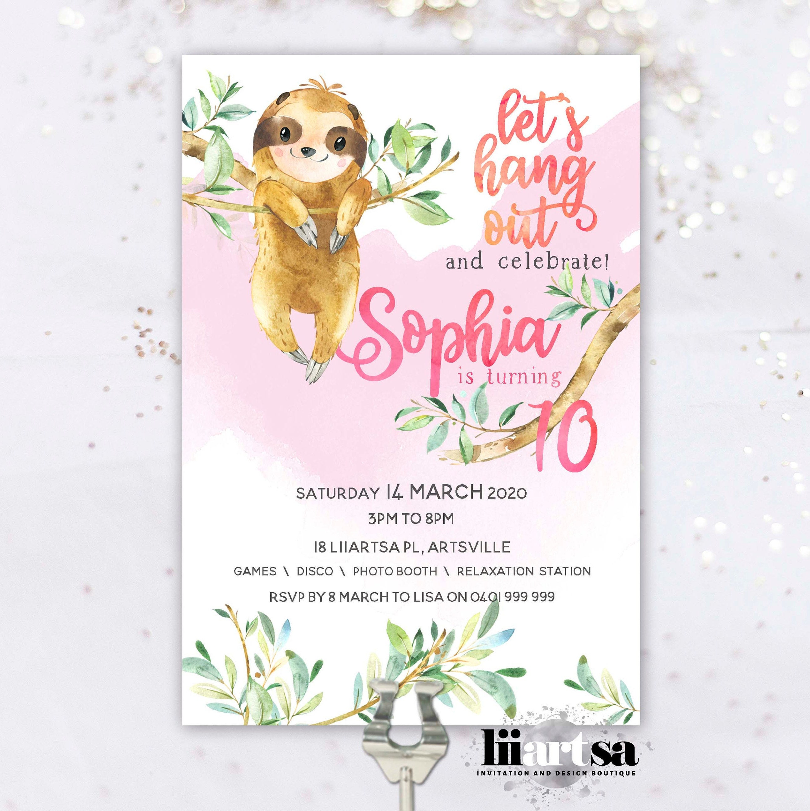 Sloth Hang Out Party Invitation - Personalised - Printable - Digital ...