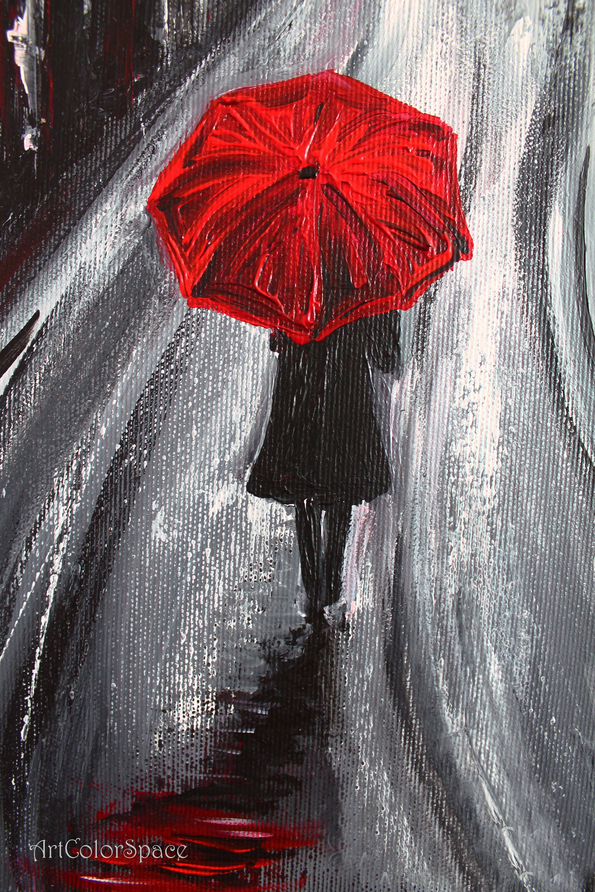 Red Umbrella London Painting, Rainy Day Acrylic Canvas Art - Etsy