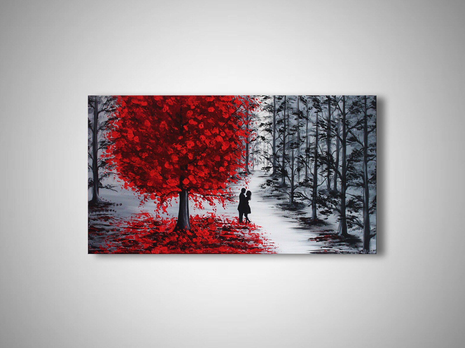 Couple in Love Painting, Romantic Fall Tree Landscape, Acrylic on ...