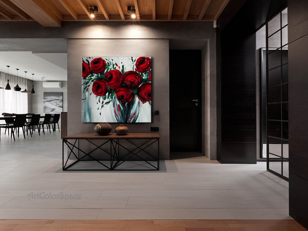 Rose Painting Large Painting Red Roses in Vase Flower Oil Painting on ...
