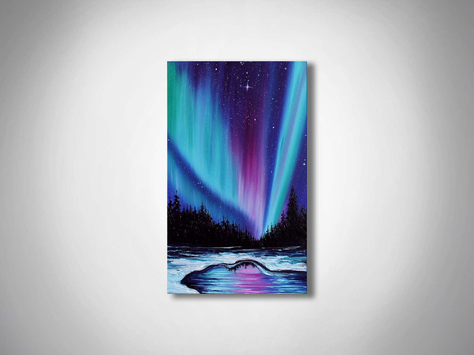 Northern lights art Winter landscape Aurora borealis art | Etsy