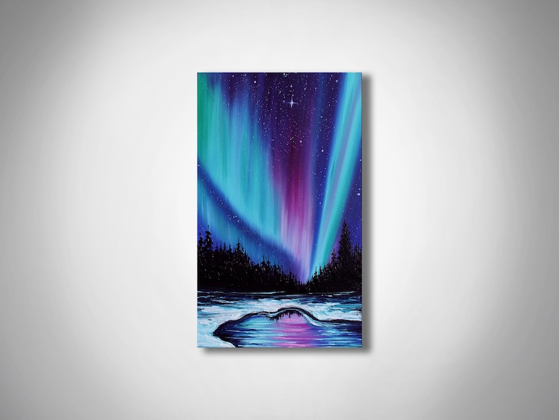 Northern lights art Winter landscape Aurora borealis art | Etsy
