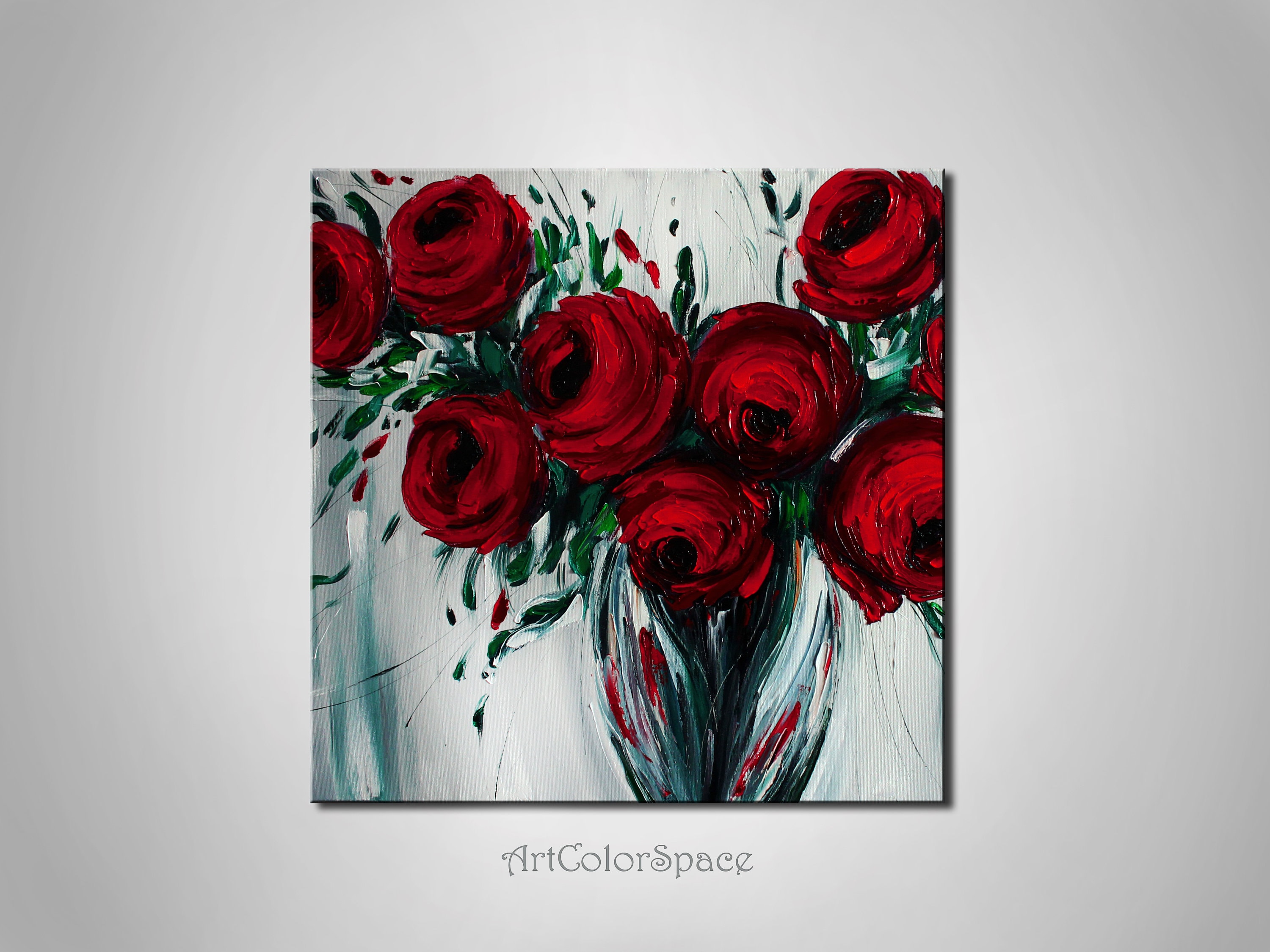 Rose painting Large painting Red roses in vase Flower oil | Etsy