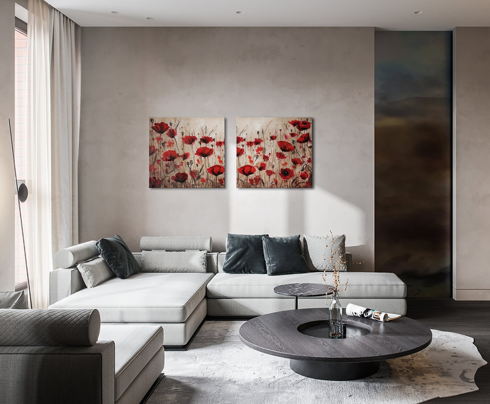 Set of 2 Wall Art Red Poppy Painting on Canvas Flower Painting - Etsy