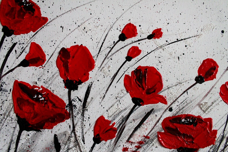 Set of 3 Paintings Red Poppies Acrylic Painting on Canvas Flowers Wall ...