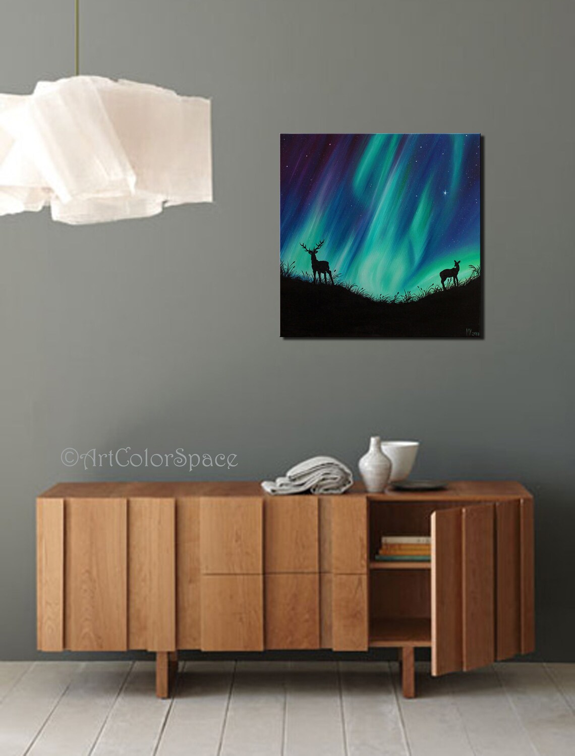 Northern lights art Galaxy painting Aurora Borealis Deer wall | Etsy