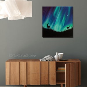 Northern lights art Galaxy painting Aurora Borealis Deer wall | Etsy