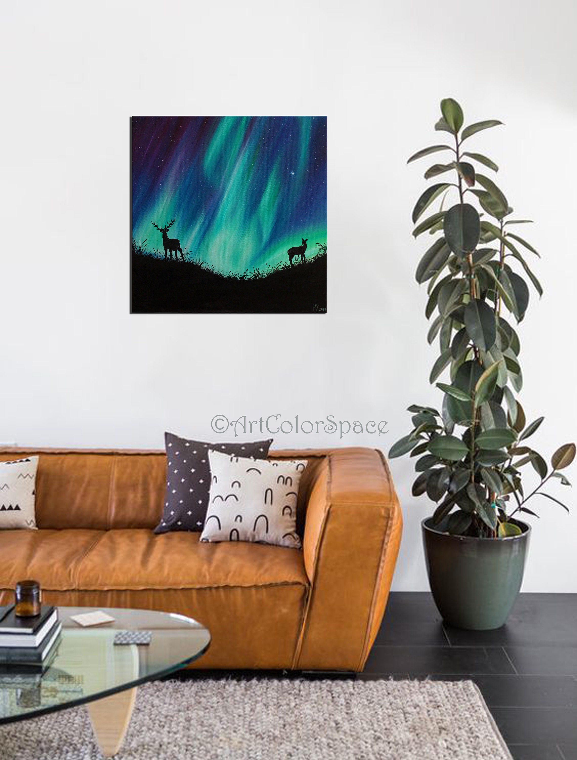 Northern lights art Galaxy painting Aurora Borealis Deer wall | Etsy