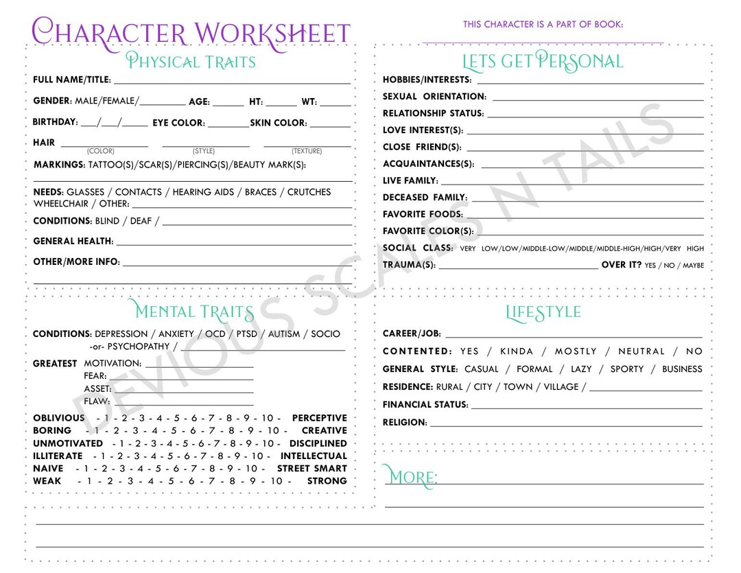 Character Worksheet - Etsy