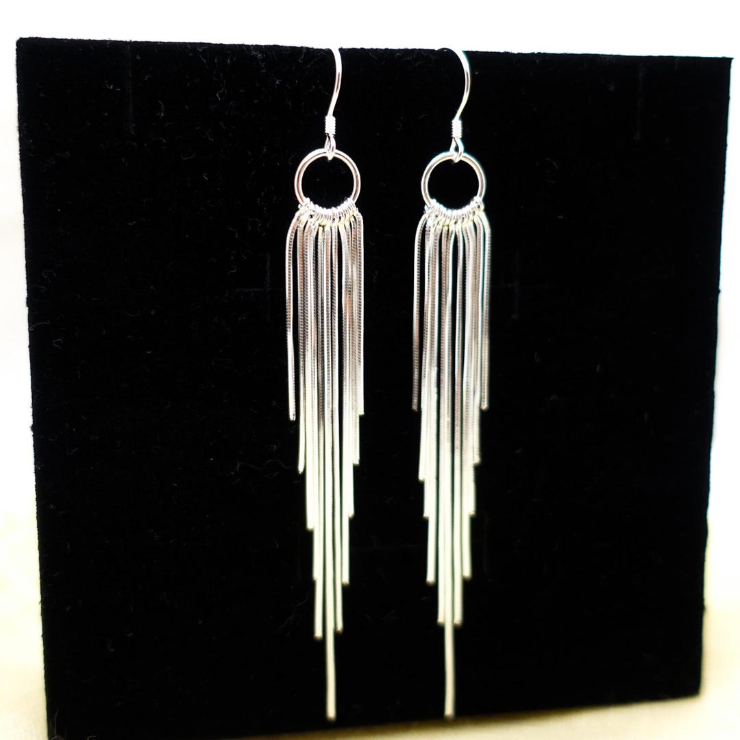 Shiny Sterling Silver Tassel Earrings, Elegant Long Earrings, Statement Earrings, Wedding ...