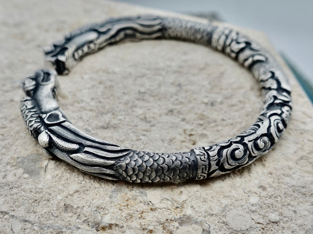 Sterling Silver Dragon Bracelet, Double-dragon Head Mens Cuff Bracelet ...