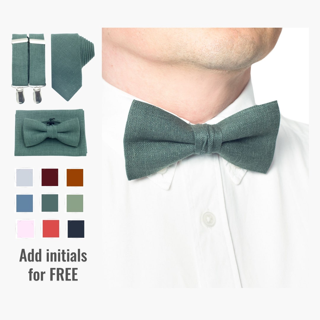Forest Green Bow Tie and Suspenders Set for Groom, Neckties Pocket Square, Personalize Bowties ...