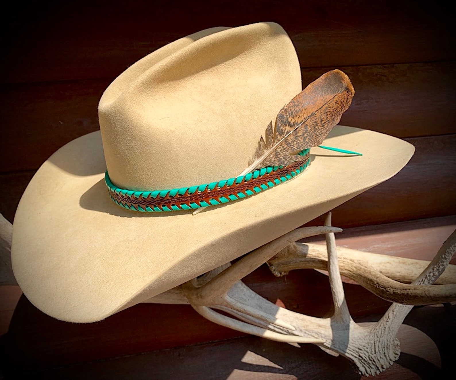 Leather Hat Band Natural Tooled Leather With Turquoise - Etsy