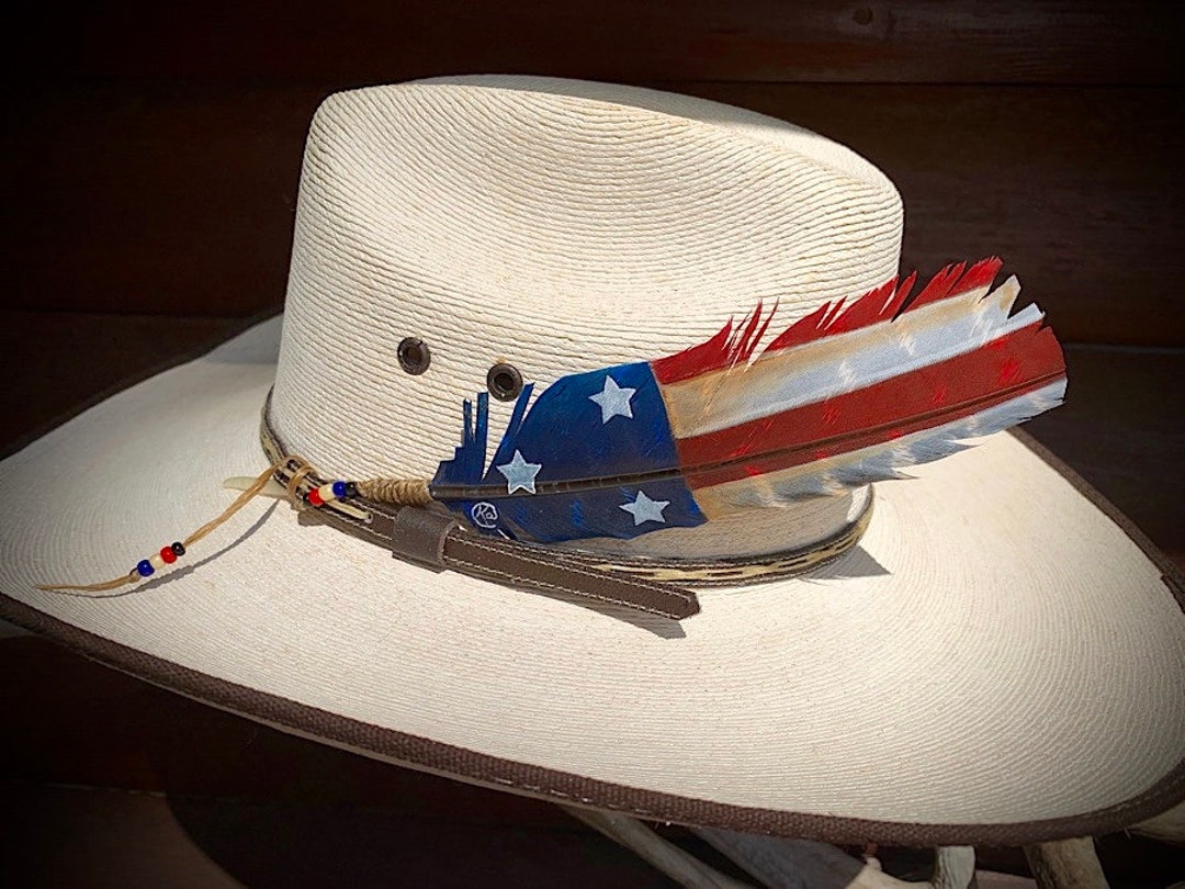 OLD GLORY Cowboy Hat Feather, With New Style Beaded Sinew Wrap Wind Tie ...
