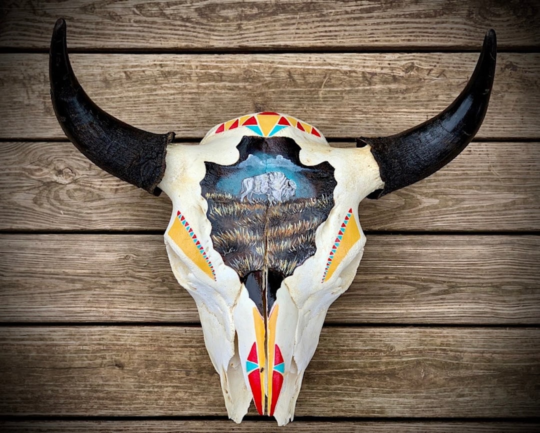 Buffalo Skull, Hand Painted Arrowhead With White Buffalo Scene, Tribal ...