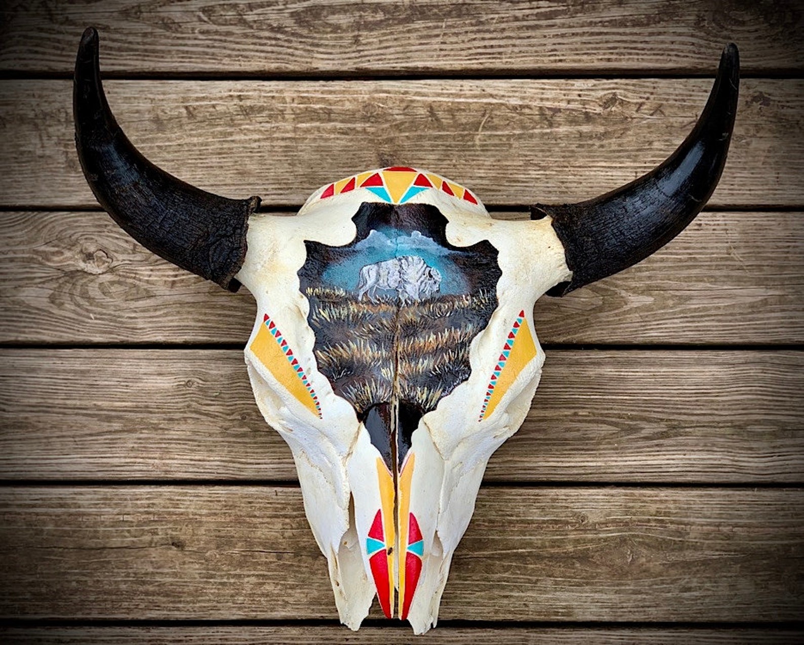 Buffalo Skull hand painted arrowhead with white buffalo | Etsy