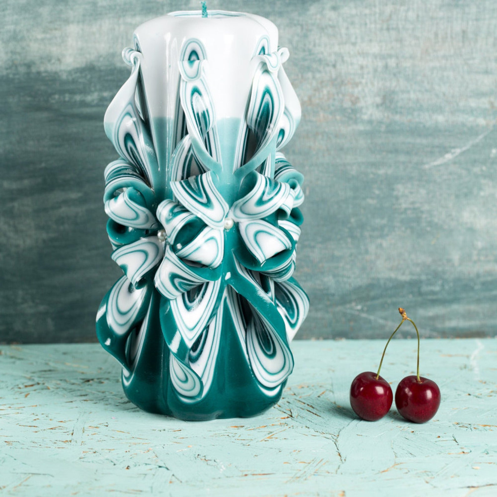 Big Turquoise Candle Carved Candles Decorative Candles Wall - Etsy