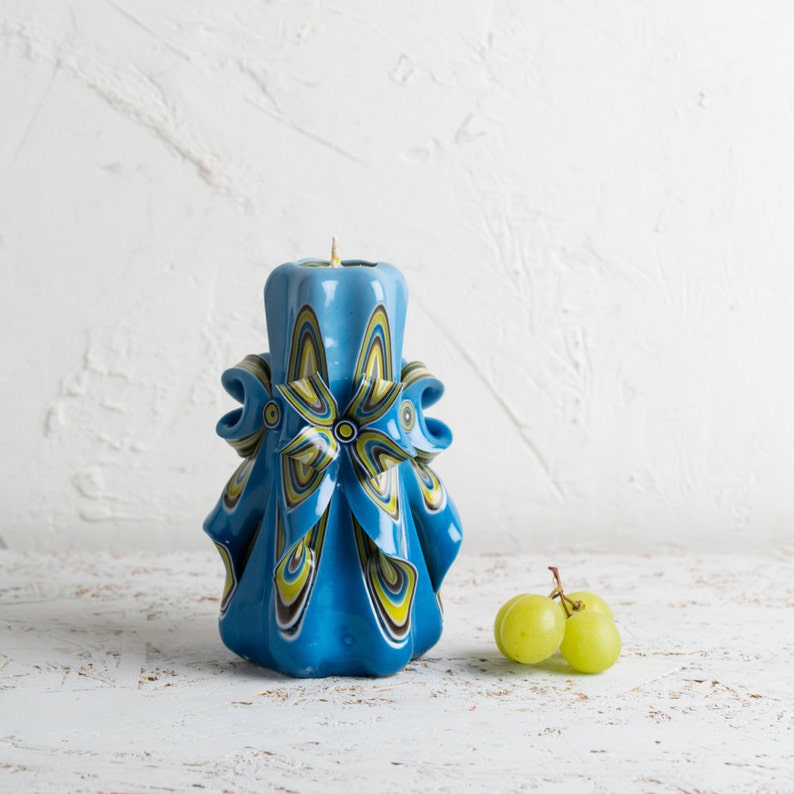 Small Blue Floral Candle Carved Candles Mens Gifts Gift | Etsy