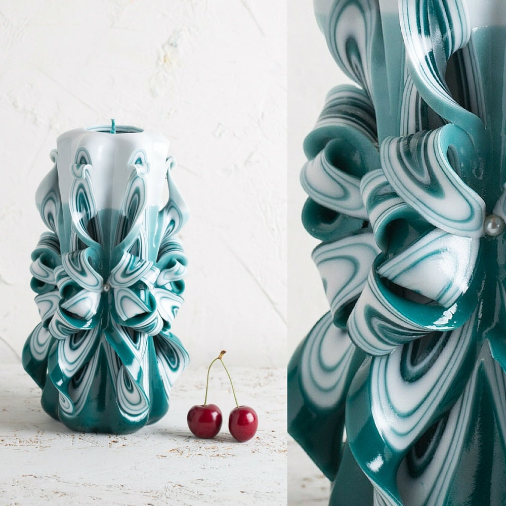 Big Turquoise Candle Carved Candles Decorative Candles Wall - Etsy