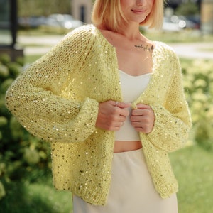 Yellow Cardigan, Fluffy Mohair Bomber, Open Front Cardigan, Loose Knit ...