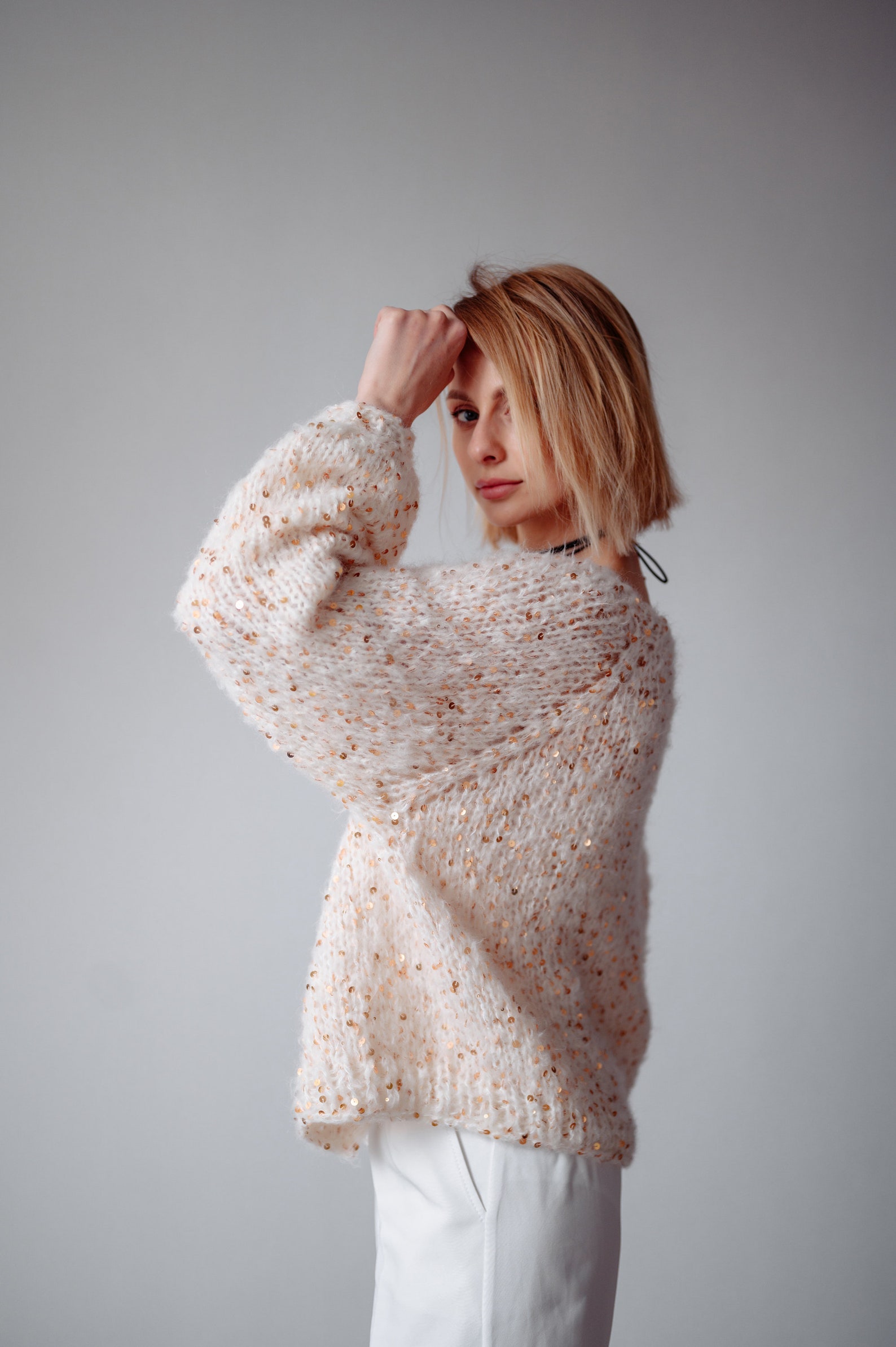 Sparkling Sequin Knitted Sweater, Sequin Mohair Cardigan, Cardigan With ...
