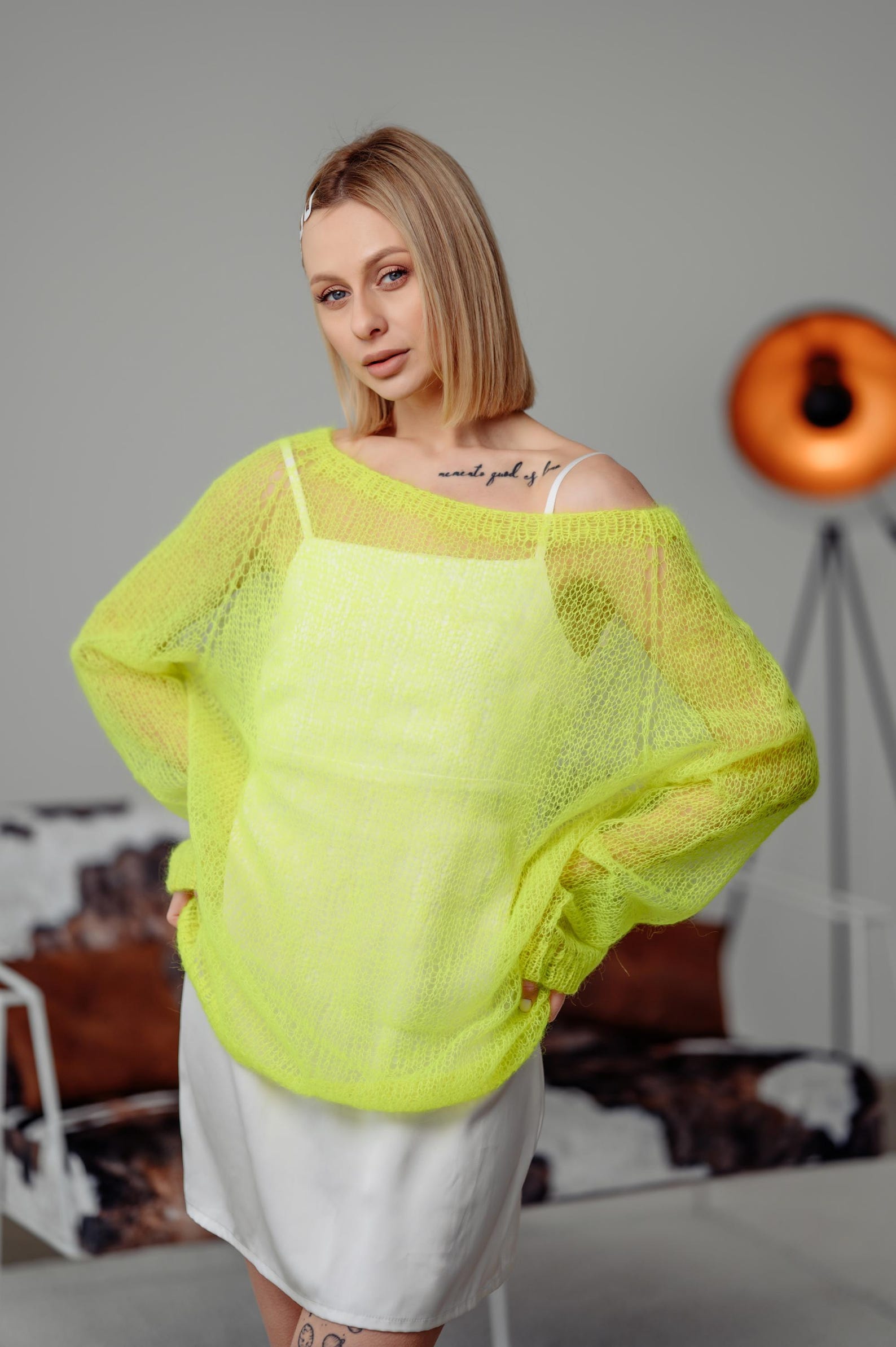 Neon Sweater, Neon Green Yellow Hand Knitted Sweater, Fluo Yellow ...