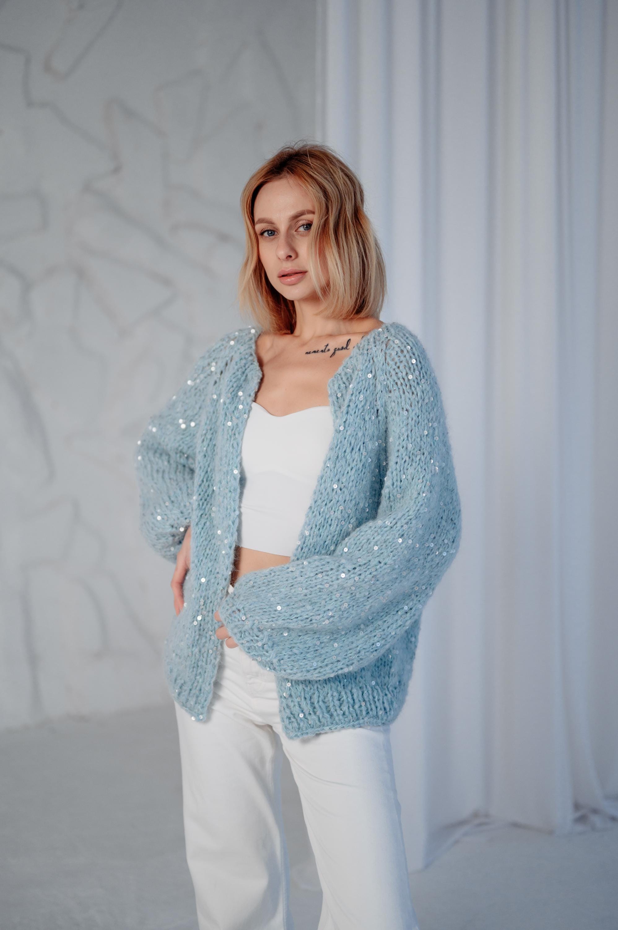 Sparkling Sequin Knitted Sweater, Blue Mohair Cardigan, Cardigan With ...