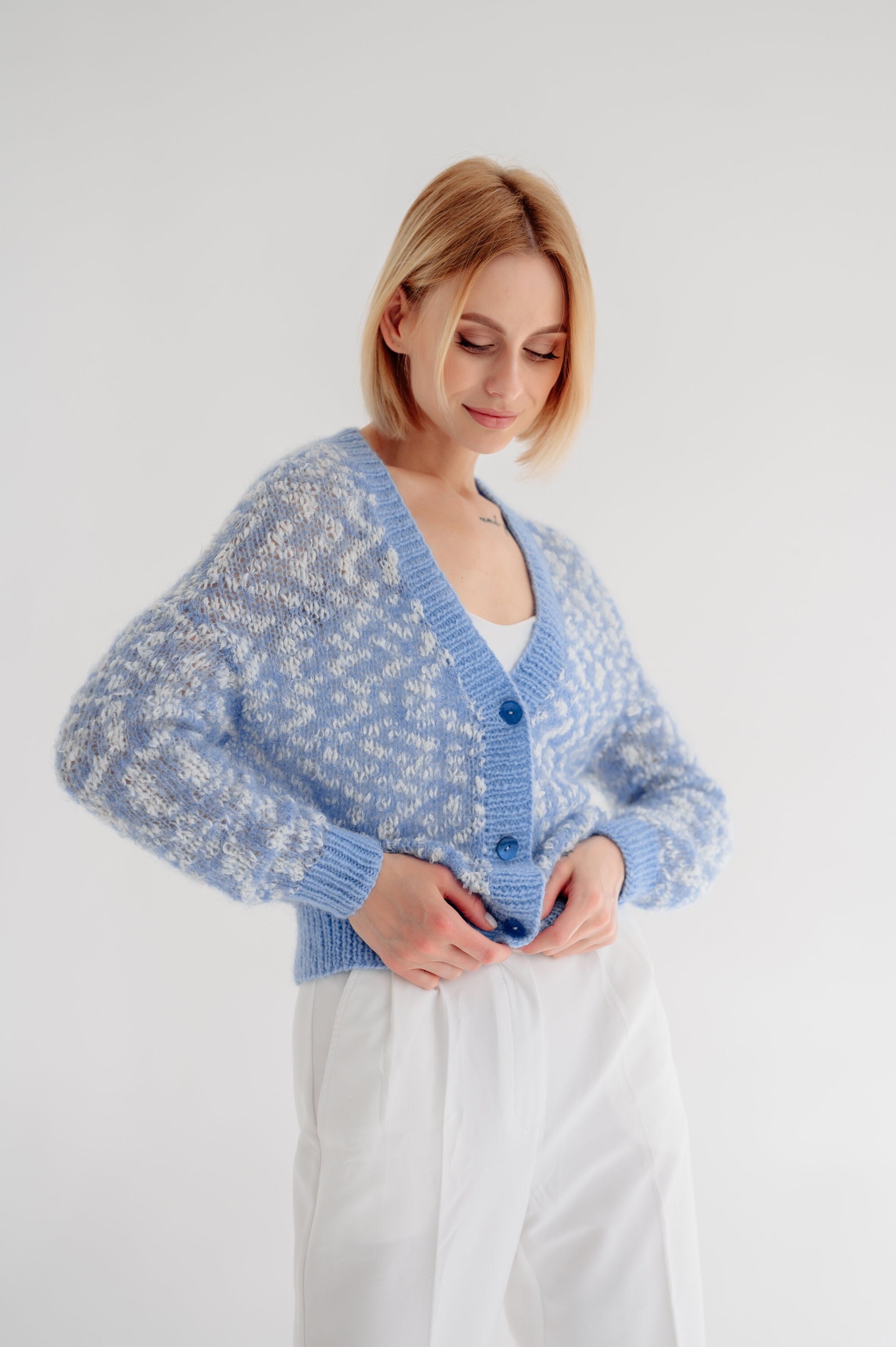Light Blue Knit Mohair Cardigan, Handcrafted Open Front Bomber Jacket ...