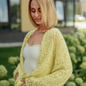 Yellow Cardigan, Fluffy Mohair Bomber, Open Front Cardigan, Loose Knit ...