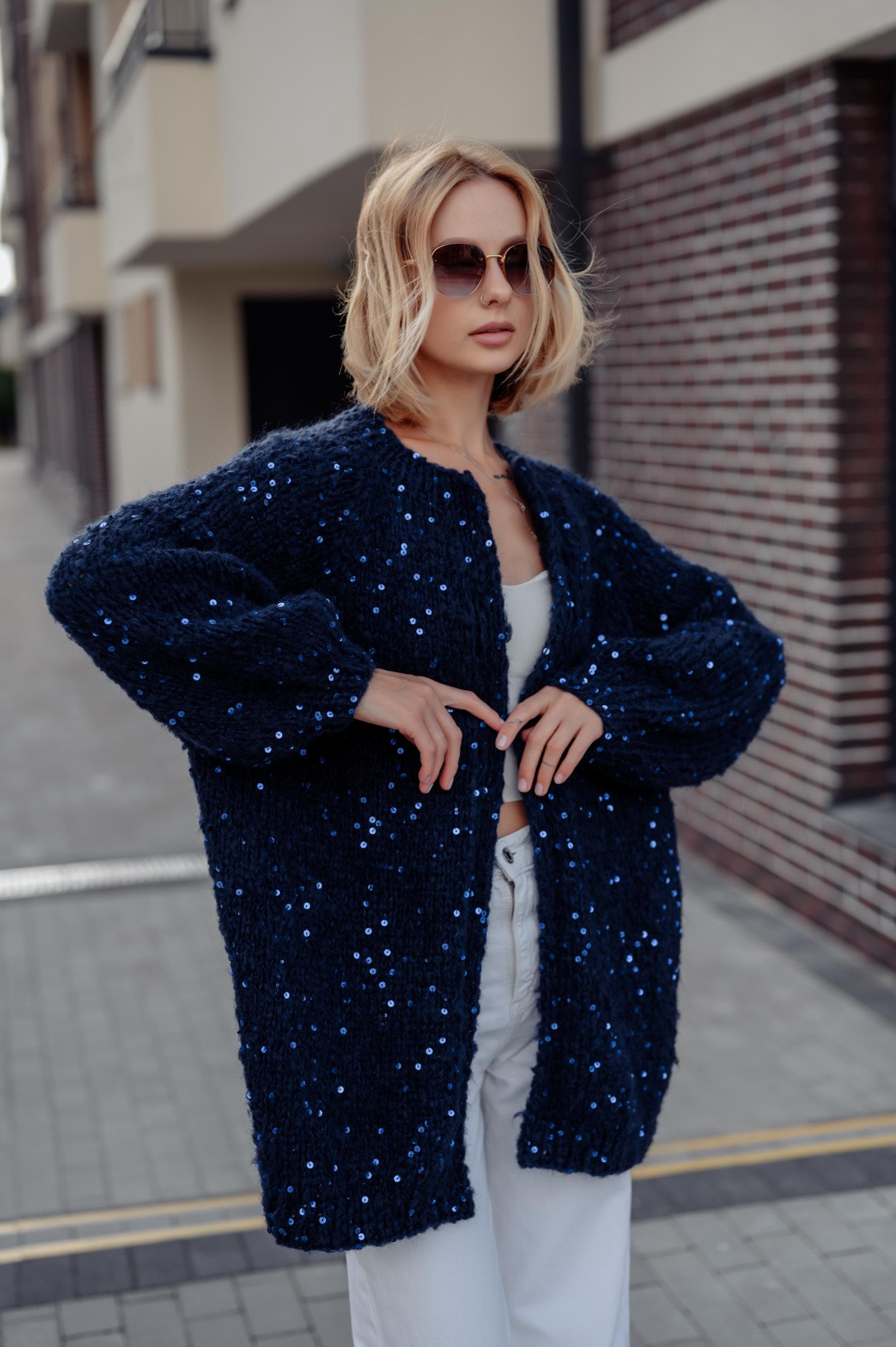 Chunky Knit Cardigan, Oversize Blue Sweater, Balloon Sleeve, Wool Long ...