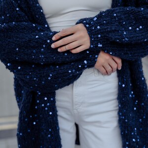 Chunky Knit Cardigan, Oversize Blue Sweater, Balloon Sleeve, Wool Long ...