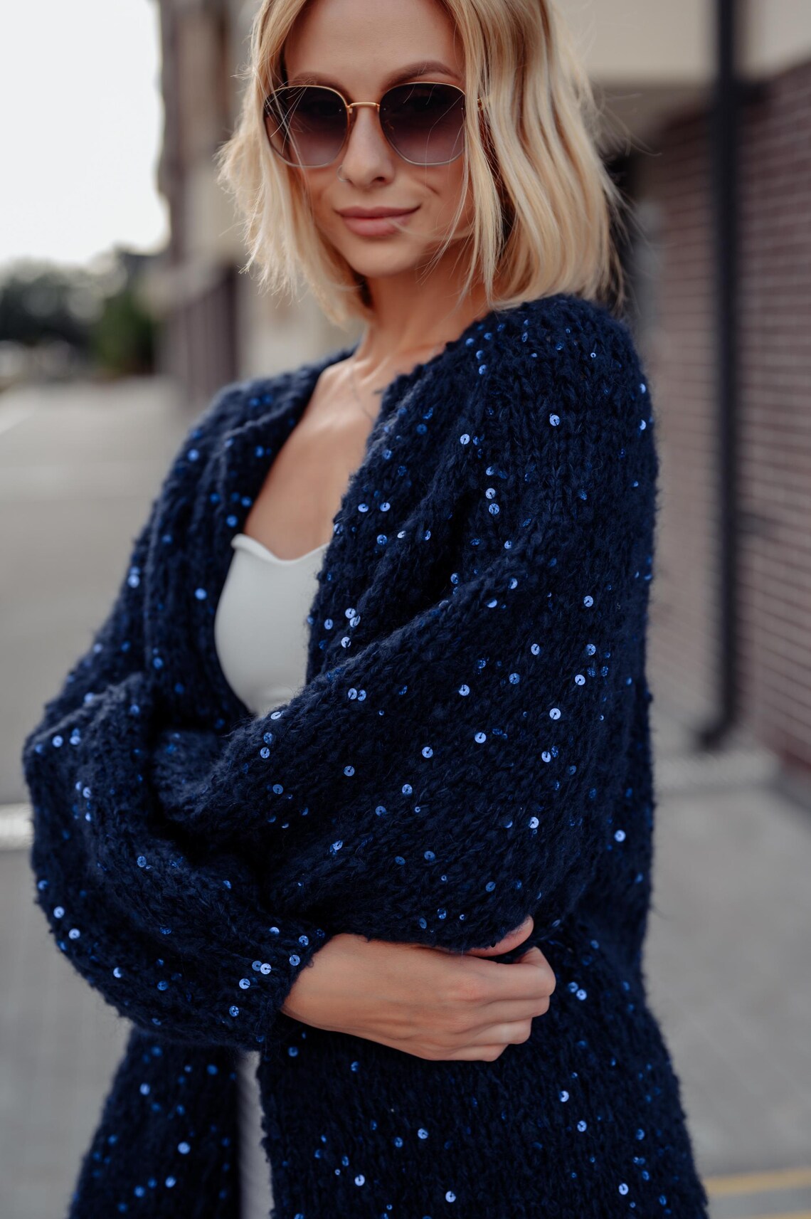 Chunky Knit Cardigan, Oversize Blue Sweater, Balloon Sleeve, Wool Long ...